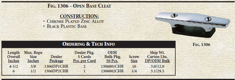 Cleat, 6", Open Base, (ea.) 1306DP2CHR - Perko Deck Cleats ...
